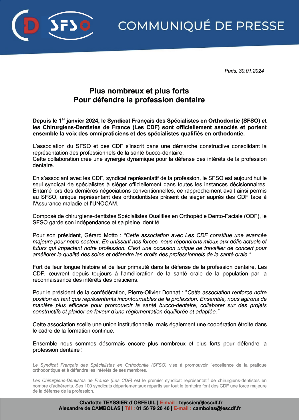 COMMUNIQUÉ DE PRESSE DU 30 JANVIER 2024 - SFSO