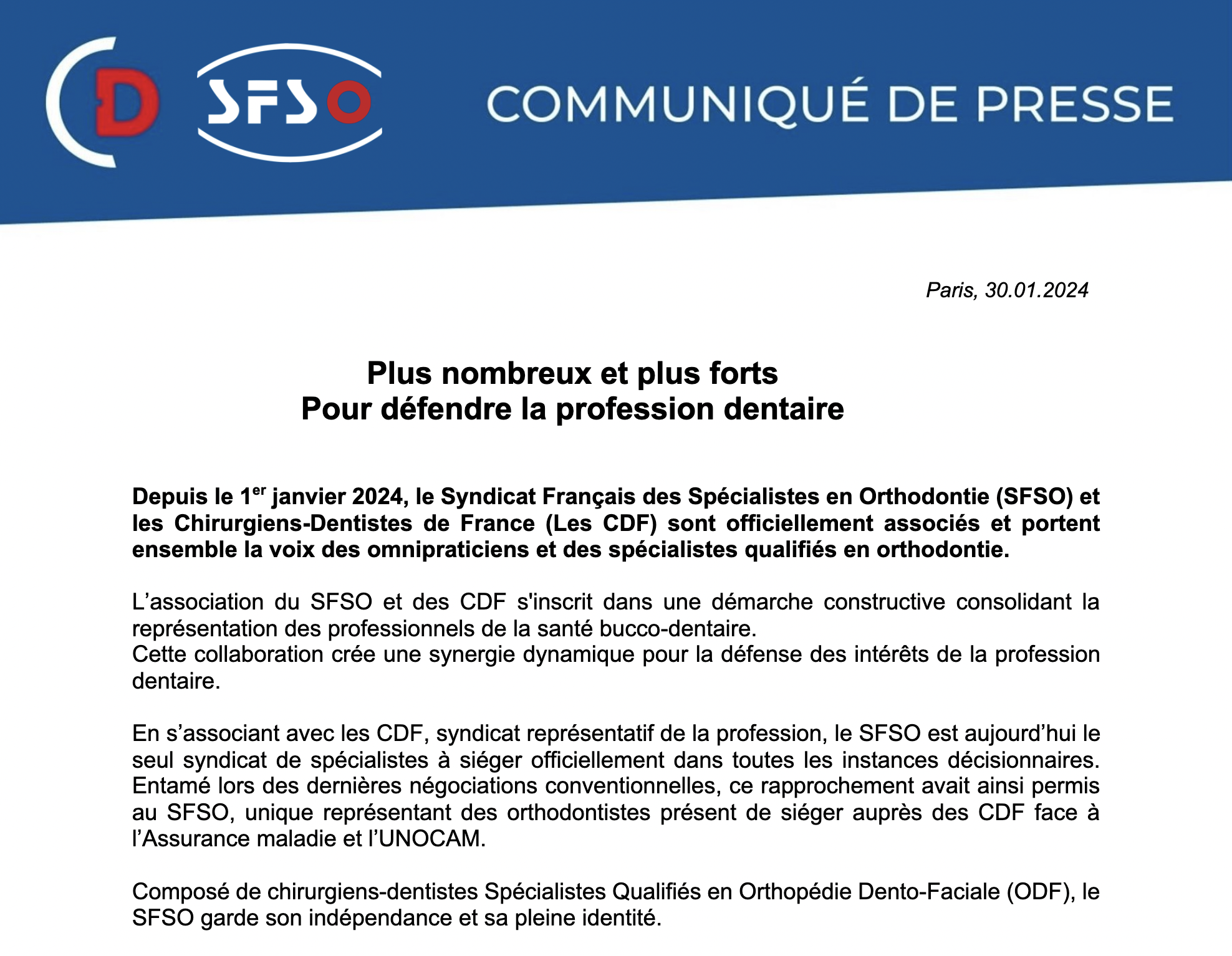 COMMUNIQUÉ DE PRESSE DU 30 JANVIER 2024 - SFSO